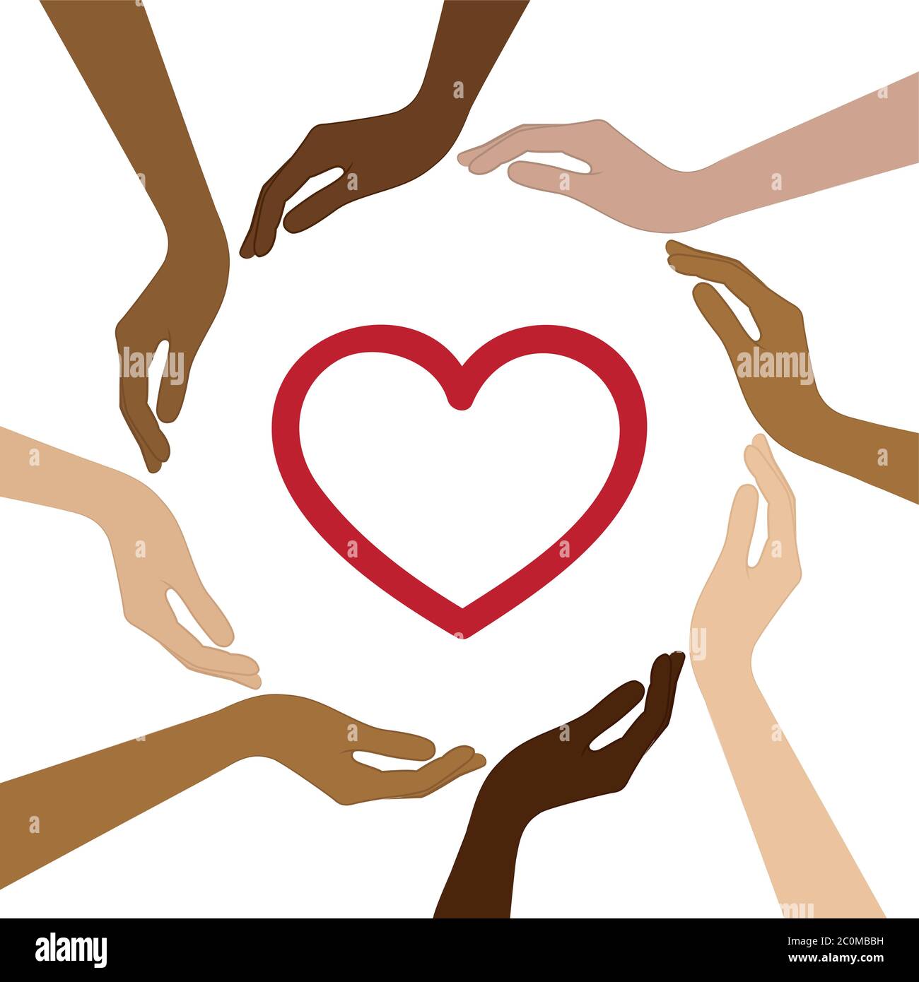 heart in the middle of human hands with different skin colors vector ...