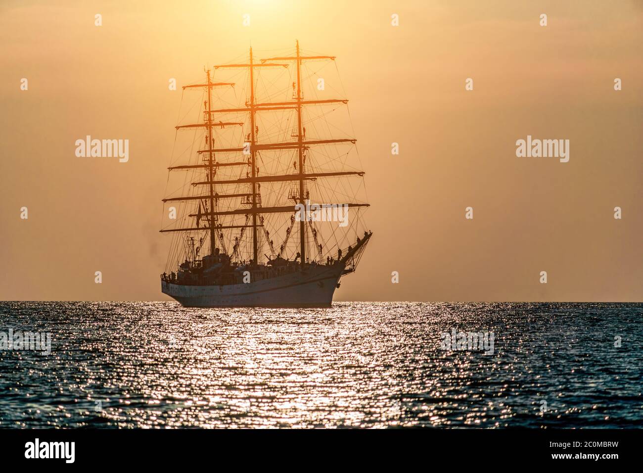 Seascape with sailing ship. White sailing vessel floating in the sea ...