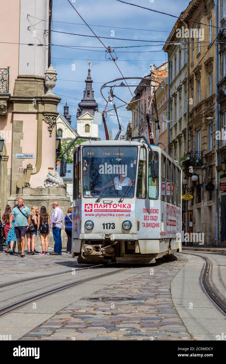 Old tram is in the historic center of Lviv Stock Photo - Alamy