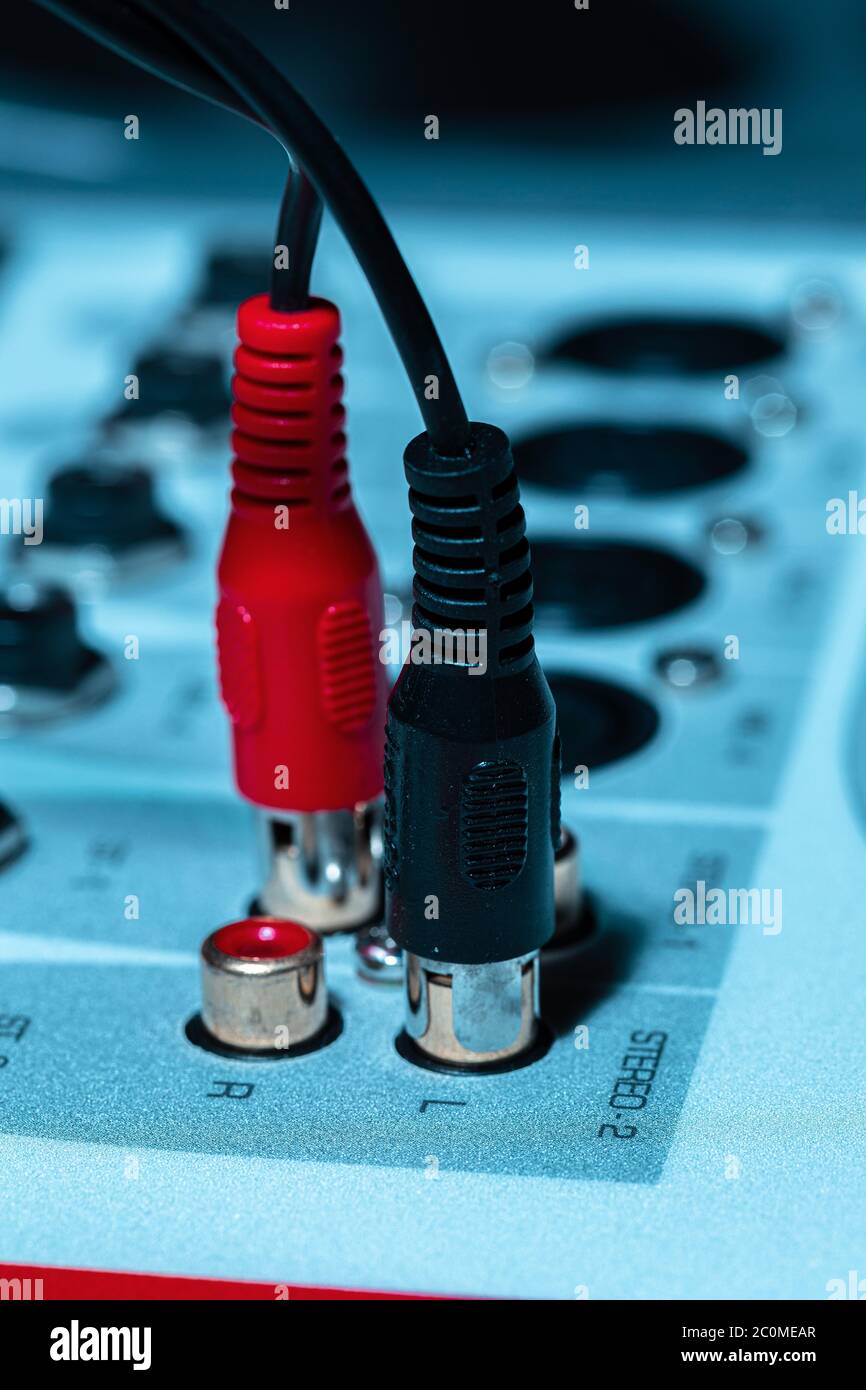 Rear panel of music system amplifier with wires Stock Photo - Alamy