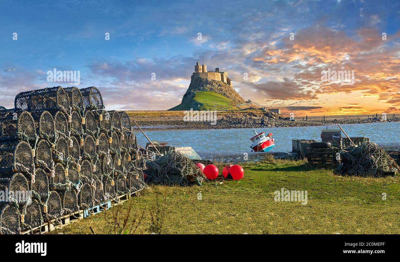 Lindisfarne Castle & Lobster Pots, fishing boat - 16th Century castle ...