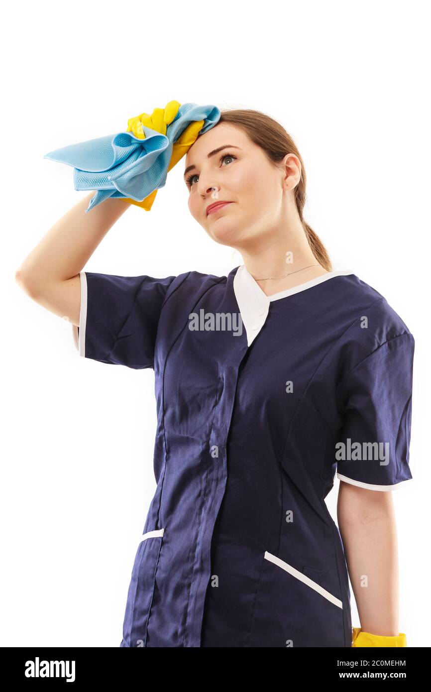 Cleaning woman feel tired and exhausted after finish cleaning the house ...