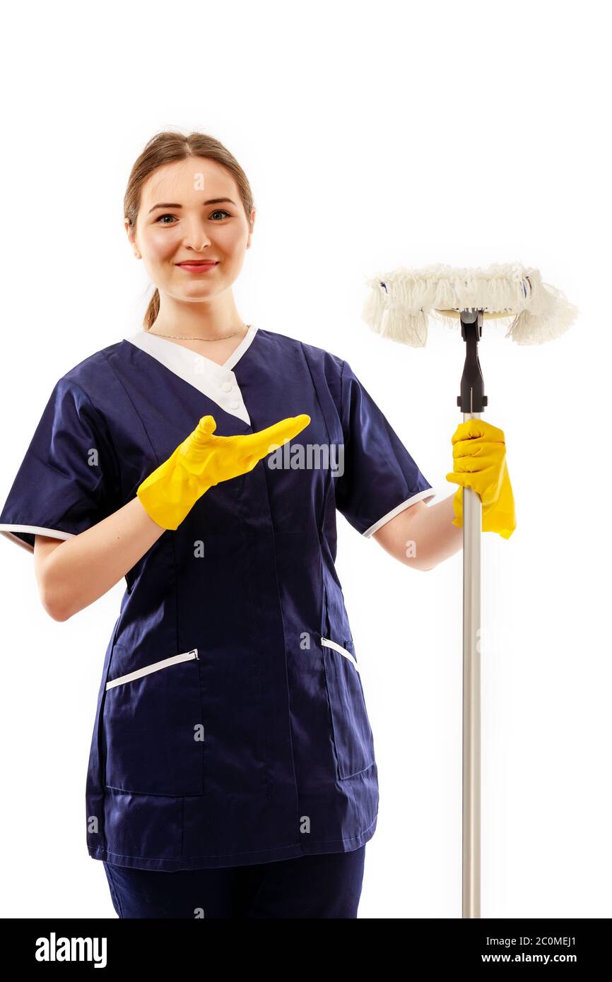 Cleaning woman pointing and showing your product or text isolated on ...