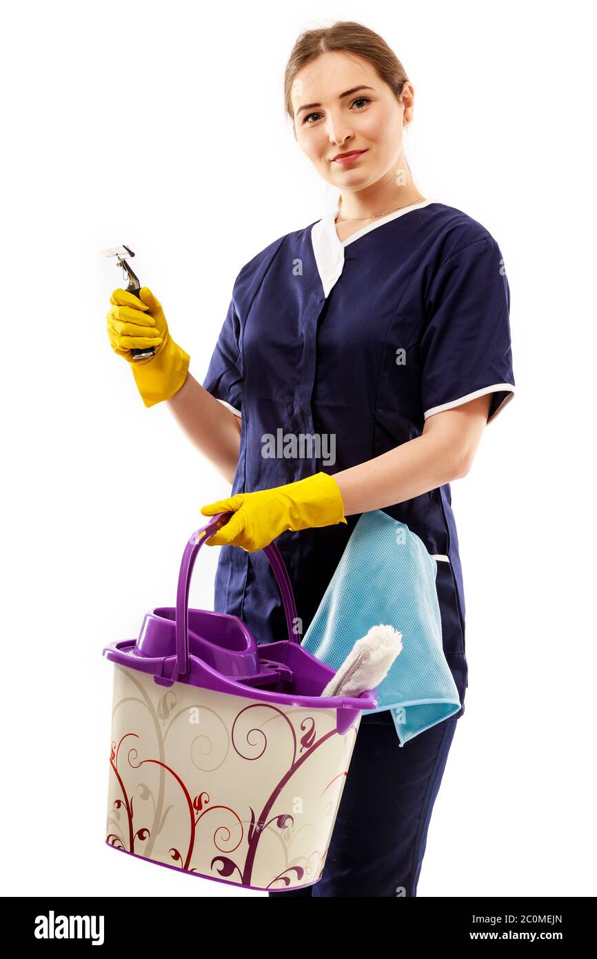Clean woman with a window cleaner squashed on a white background ...