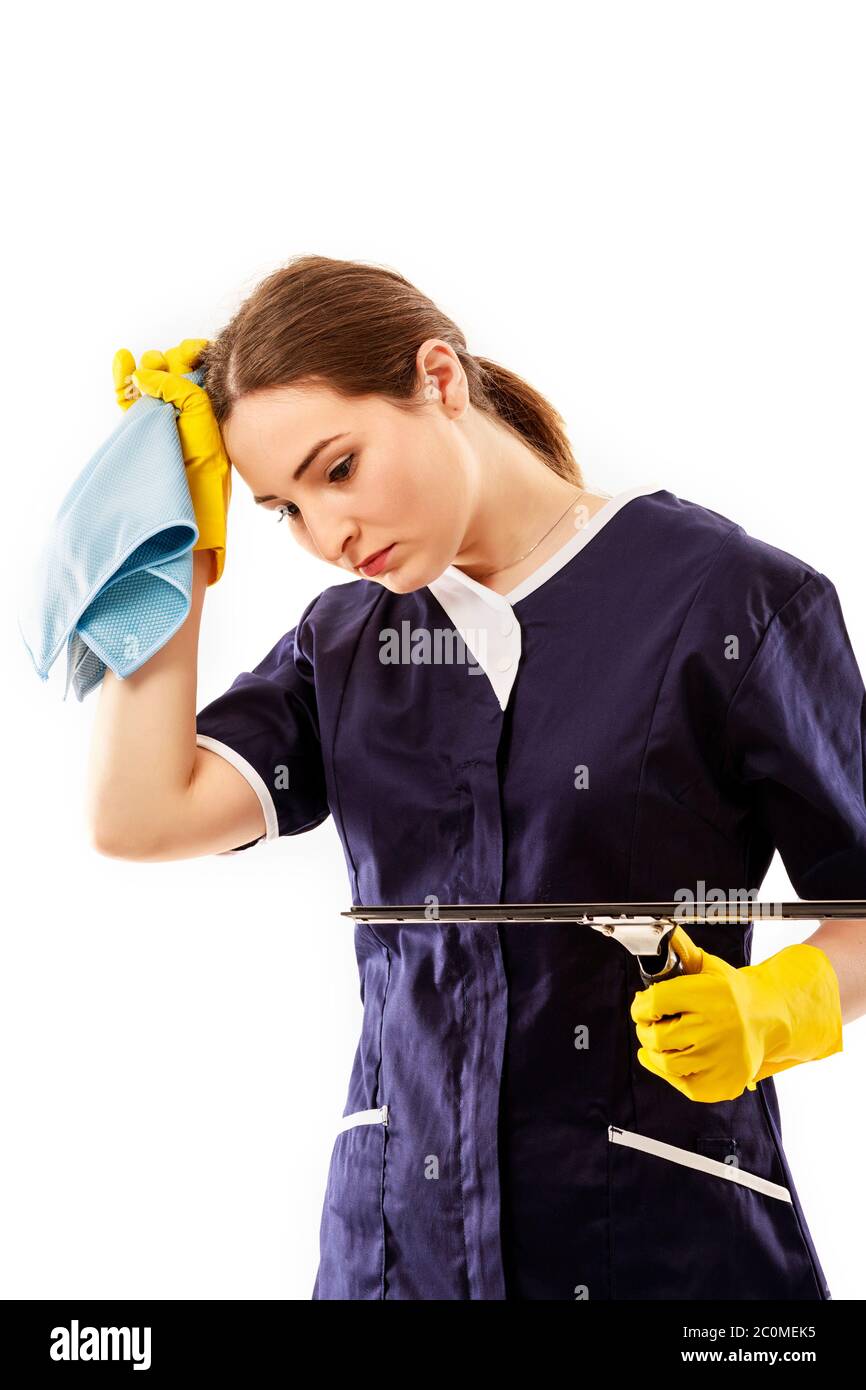 Cleaning woman feel tired and exhausted after finish cleaning the house ...