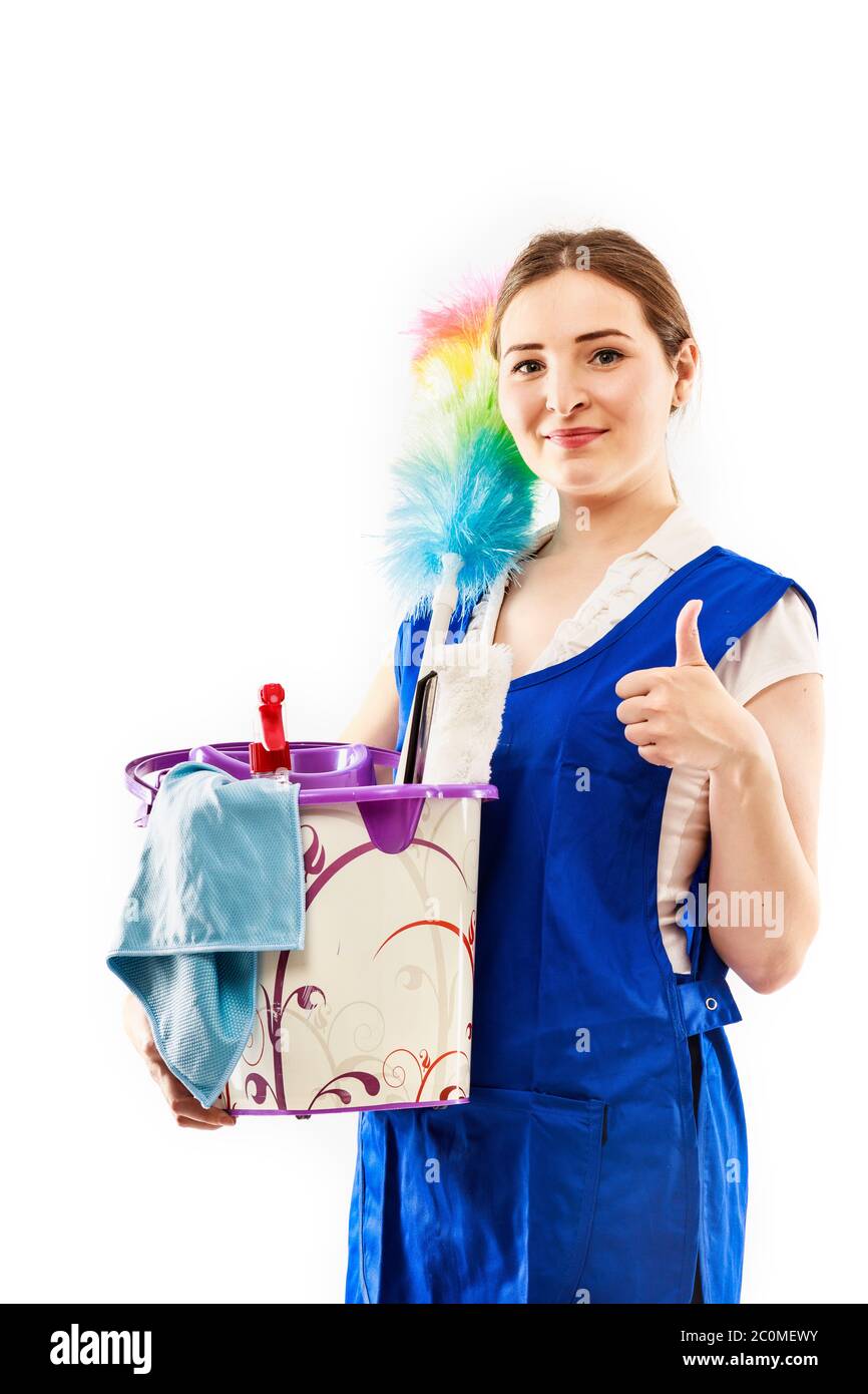 Woman finished cleaning showing a happy thumbs up after a successful ...