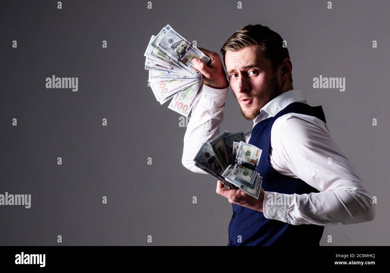 Rich man, successful entrepreneur get cash, banknotes, currency ...
