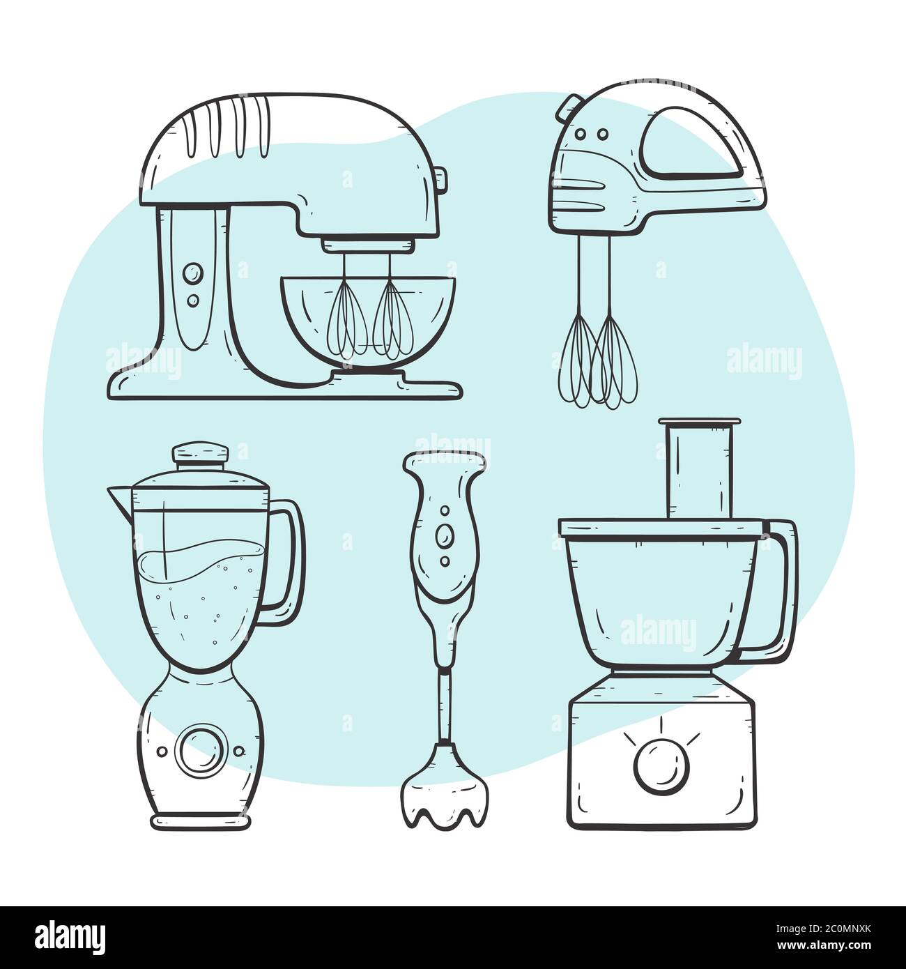 Kitchen appliances. Mixer and blender set. Doodle outlined collection ...