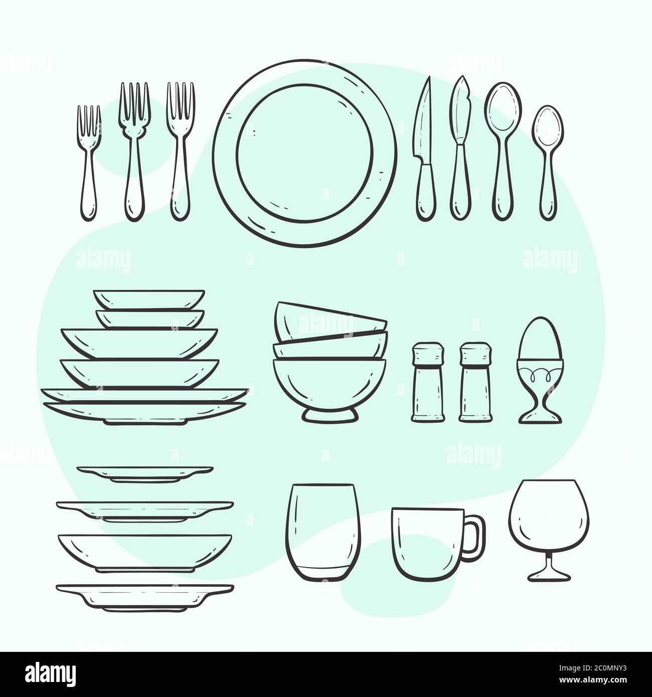 Kitchen utensils. Plates, glasses and cutlery. Doodle outlined style ...
