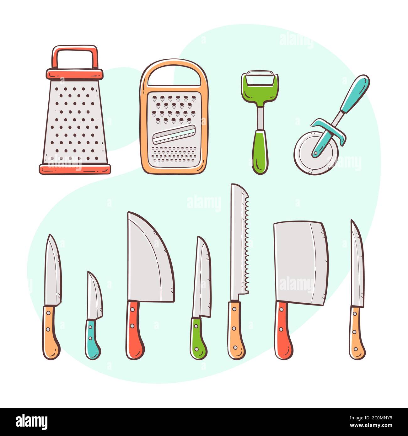 Cooking tools. Collection of kitchen utensils: knives, graters and ...