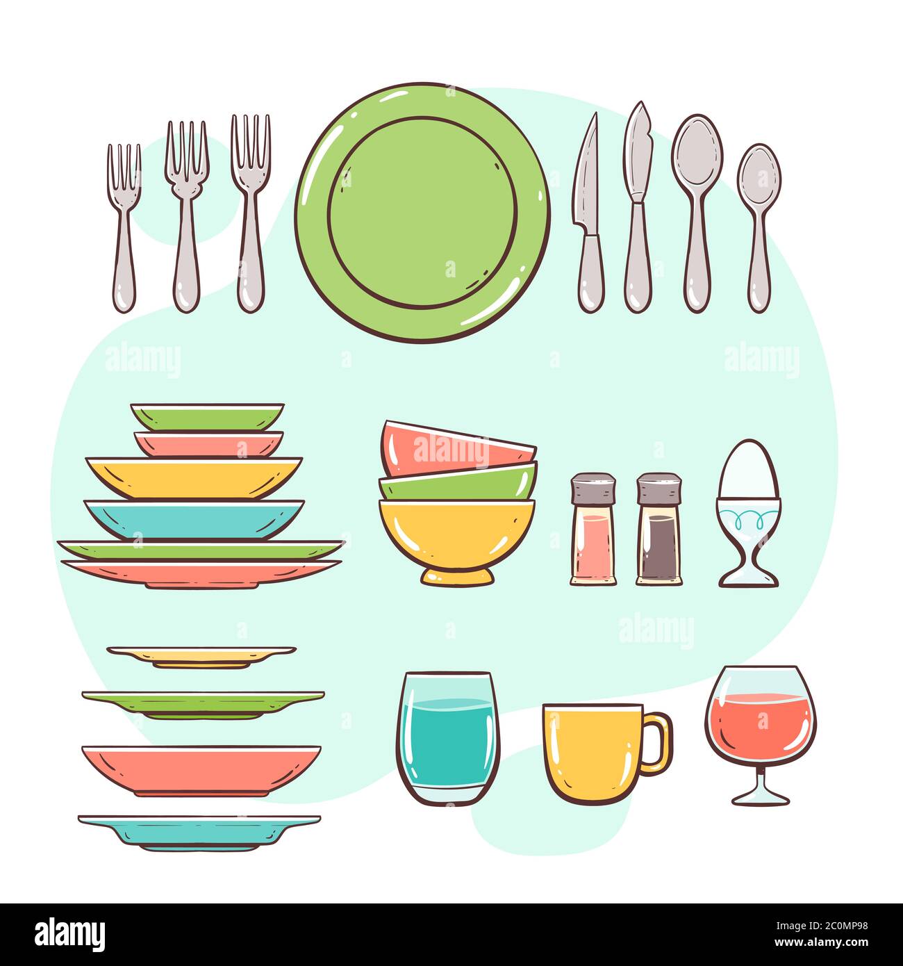 Kitchen utensils. Plates, glasses and cutlery. Hand drawn colorful ...