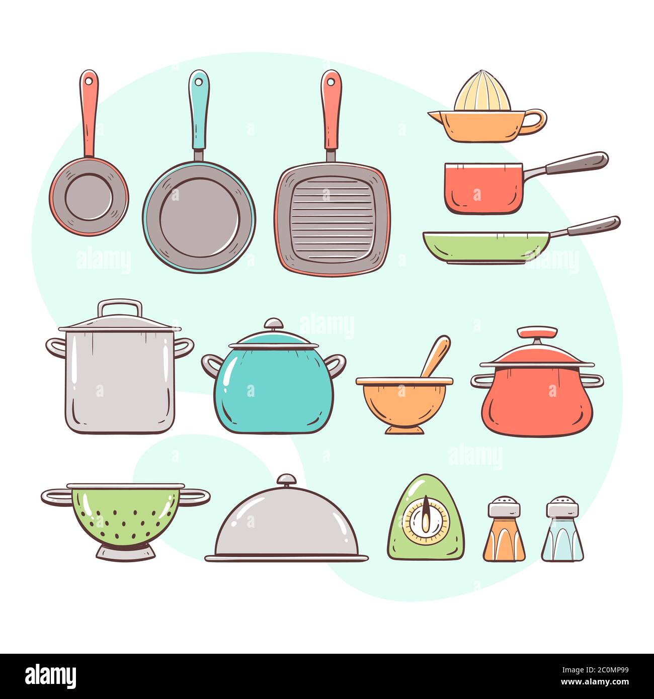 Cooking tools. Collection of pans and pots. Hand drawn colorful style ...