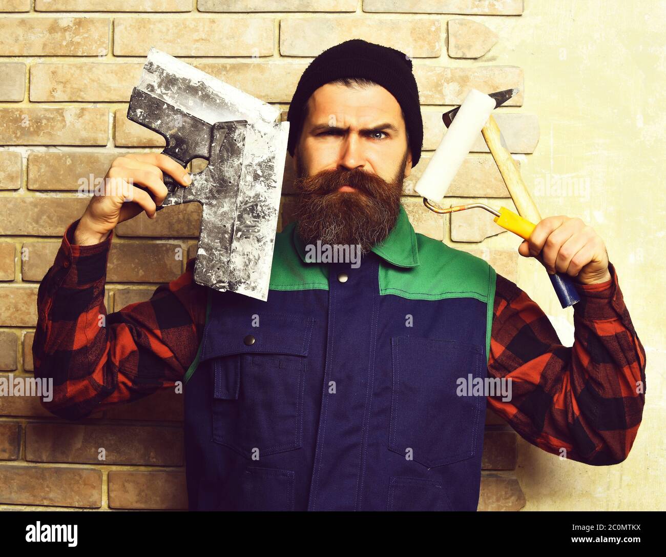 bearded painter man, long beard, brutal caucasian hipster with ...