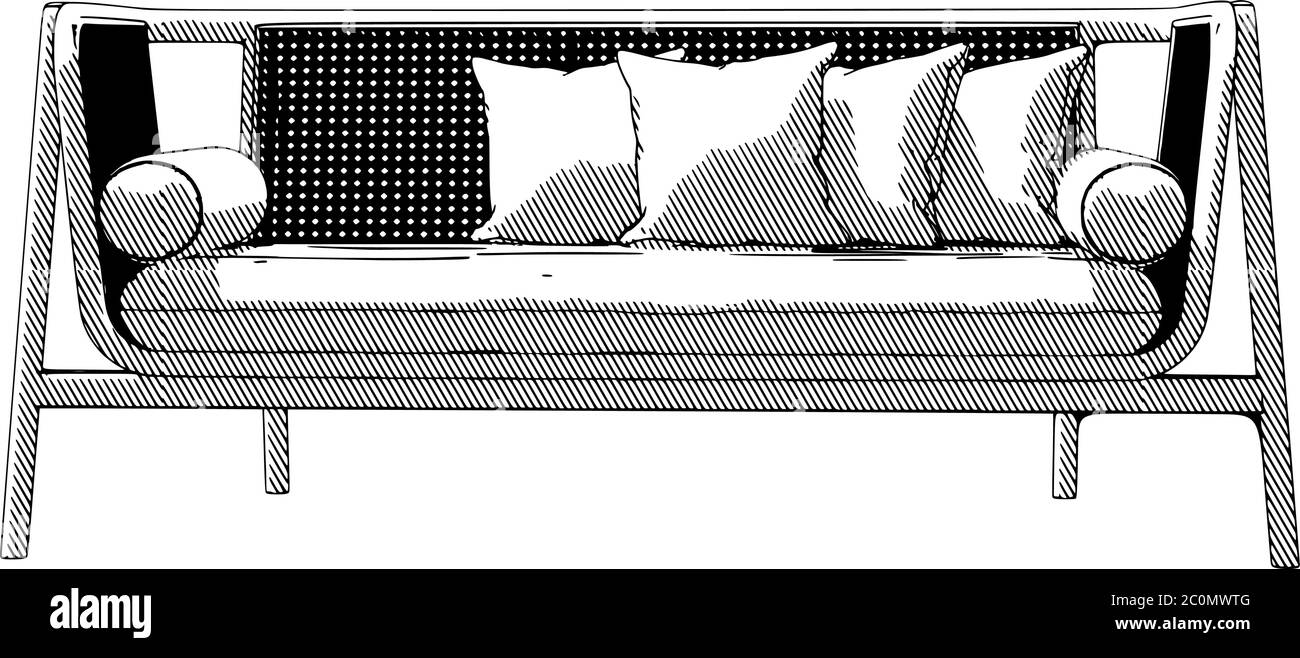 sketch of a sofa with pillows with a hatching white background vector ...