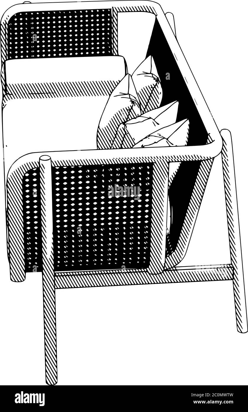 sketch of a sofa with pillows with a hatching white background vector ...