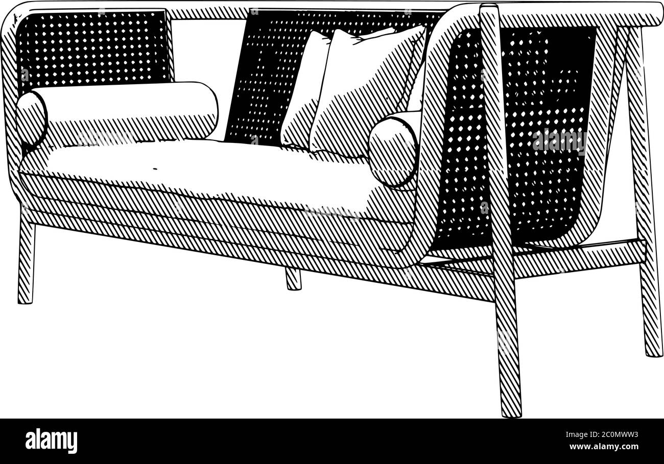 sketch of a sofa with pillows with a hatching white background vector ...