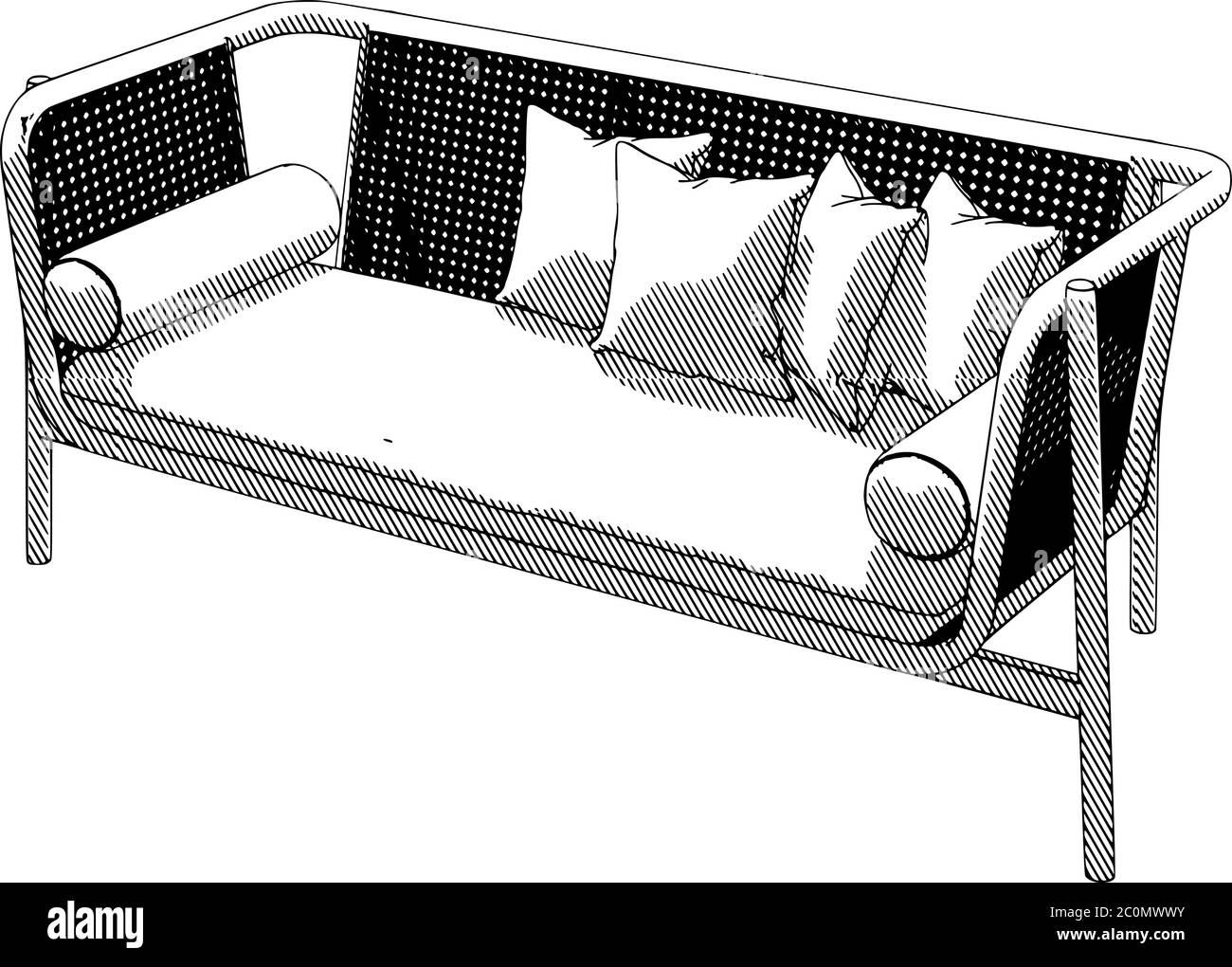 sketch of a sofa with pillows with a hatching white background vector ...
