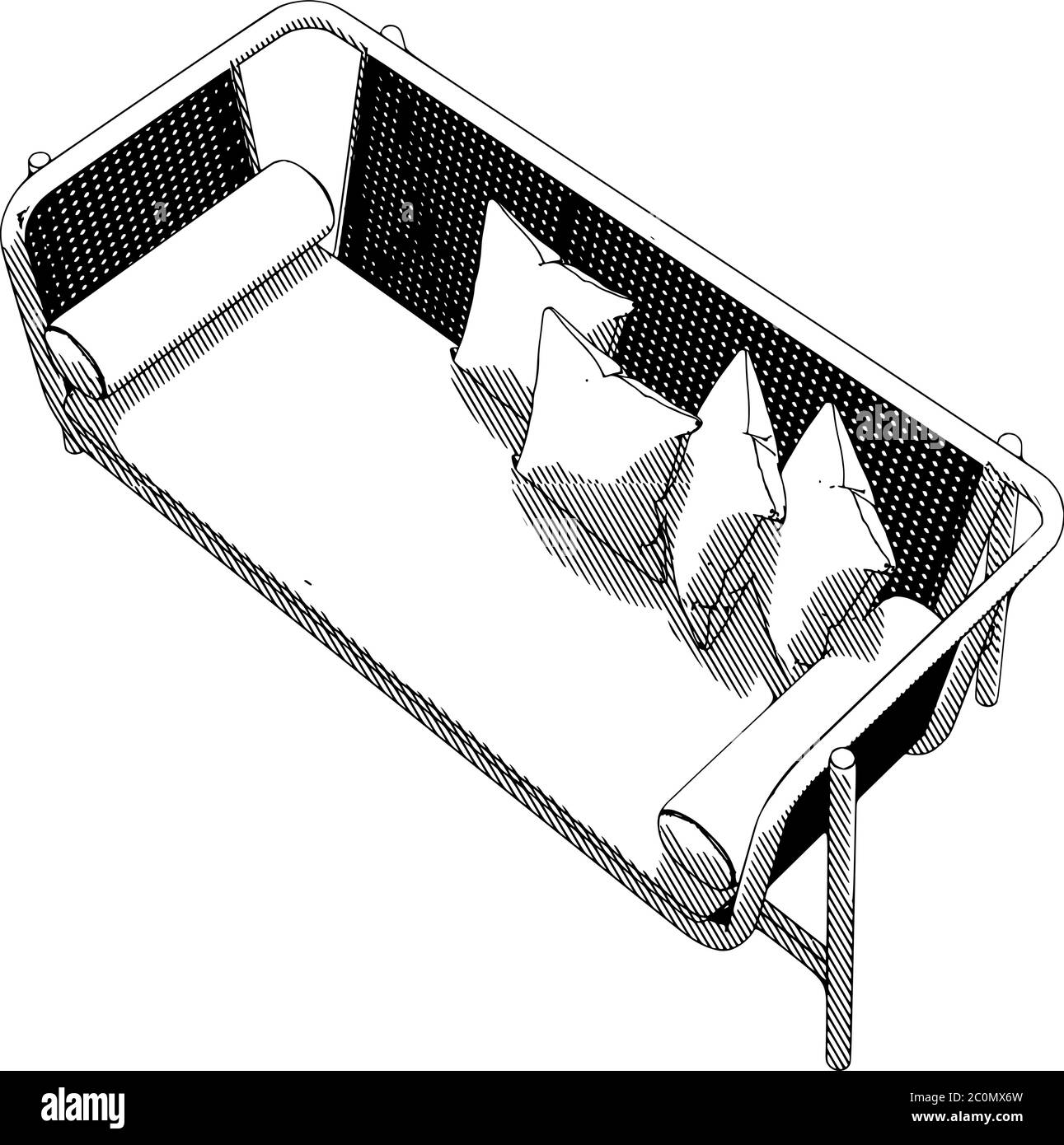sketch of a sofa with pillows with a hatching white background vector ...