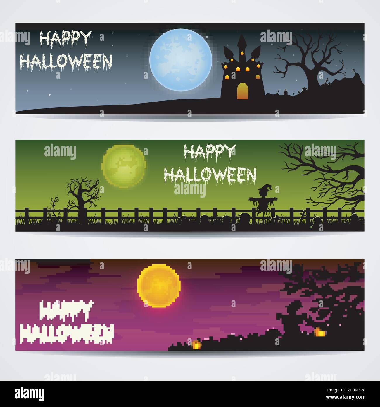 Three Halloween banners with castle and scarecrow Stock Vector Image ...