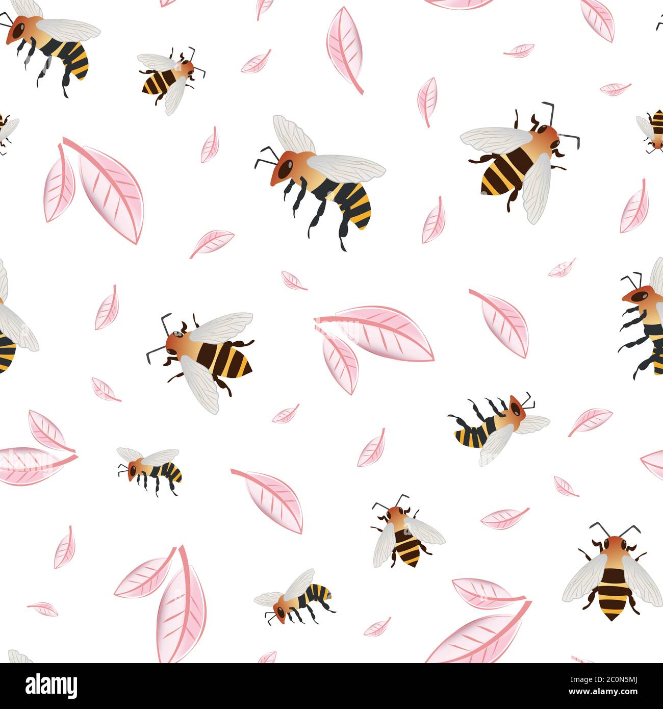 Vector honey bee and pink petals seamless pattern background. Hand ...