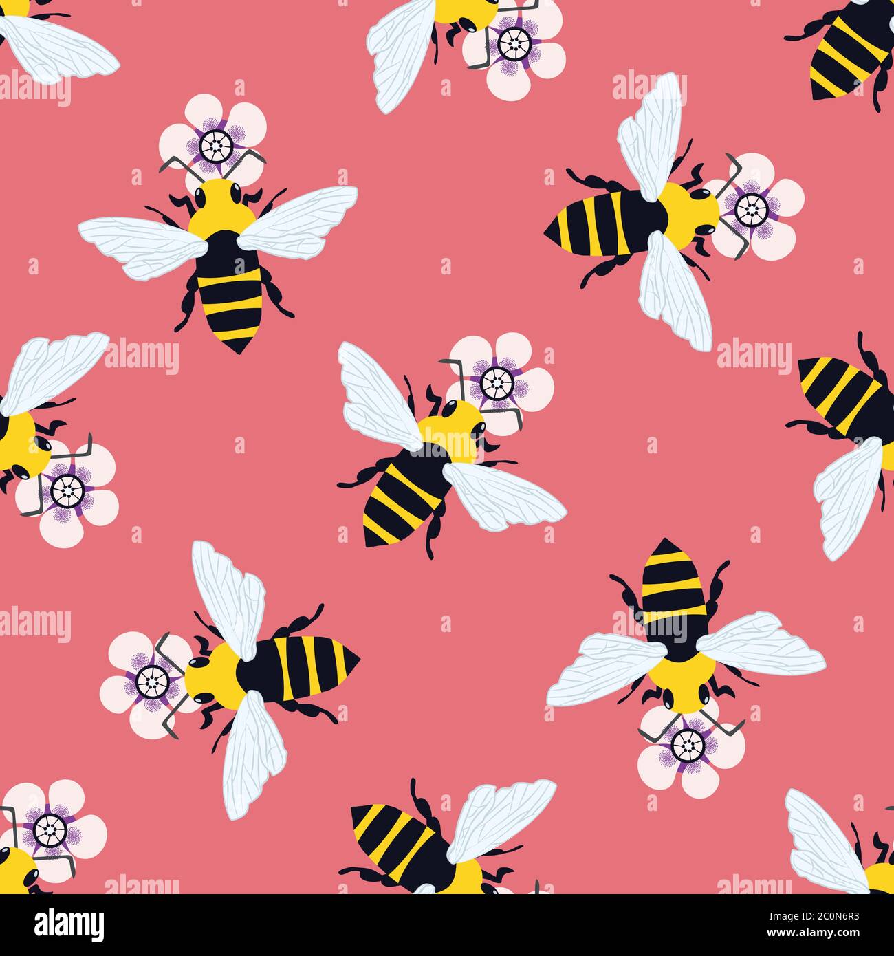 Vector honey bee and manuka flower seamless pattern background. Hand ...