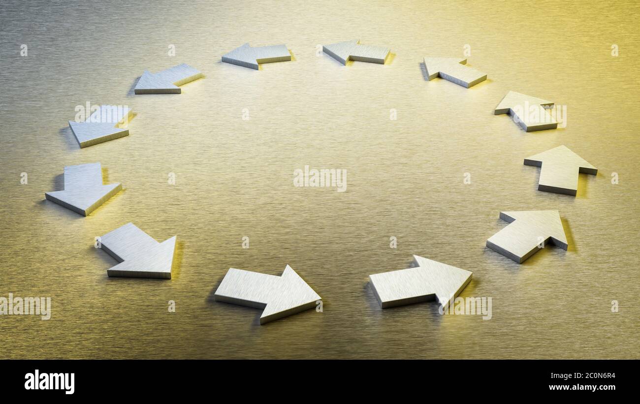 Twelve arrows made from brushed metal pointing in a circle. Brushed ...