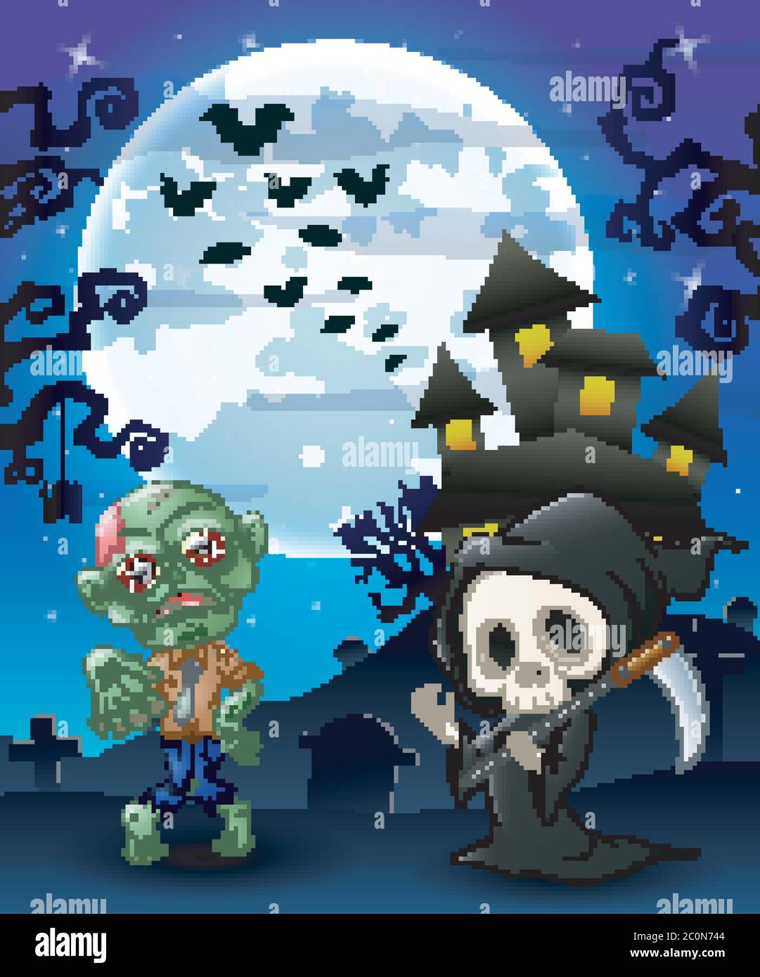 Halloween background with grim reaper and zombie Stock Vector Image ...