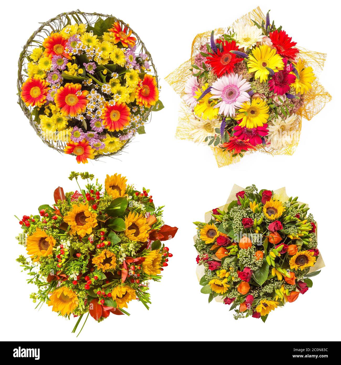 Top view of four colorful flower bouquets Stock Photo - Alamy