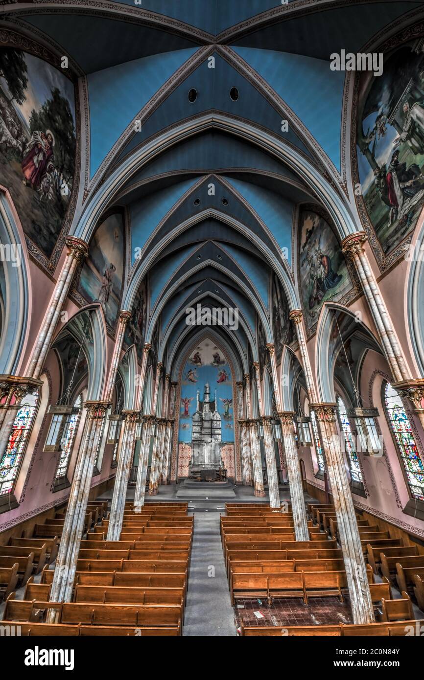 Beautiful pink and blue church interior with murals and altar Stock ...