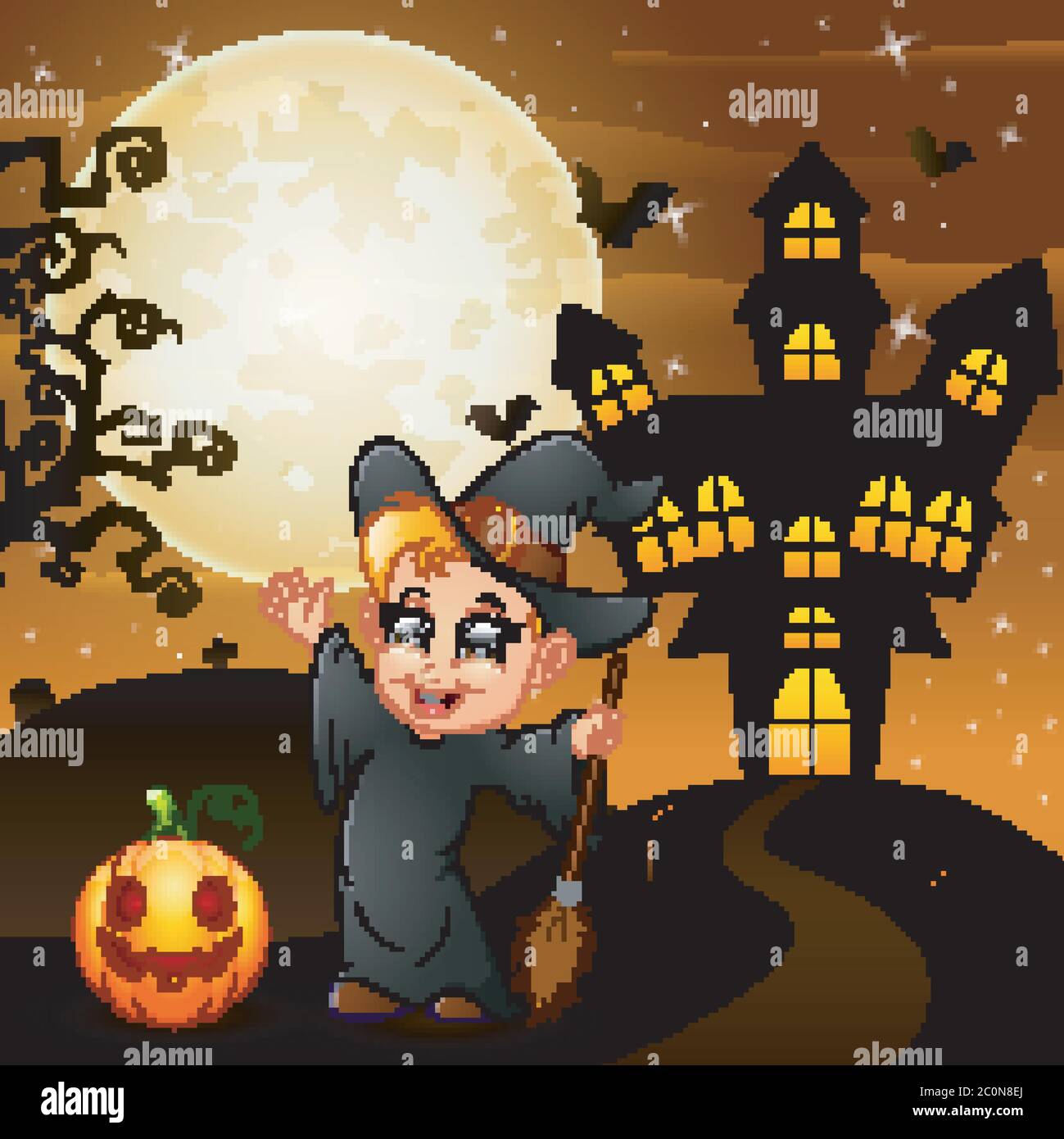 Halloween background with happy boy witch holding broomstick pumpkin ...