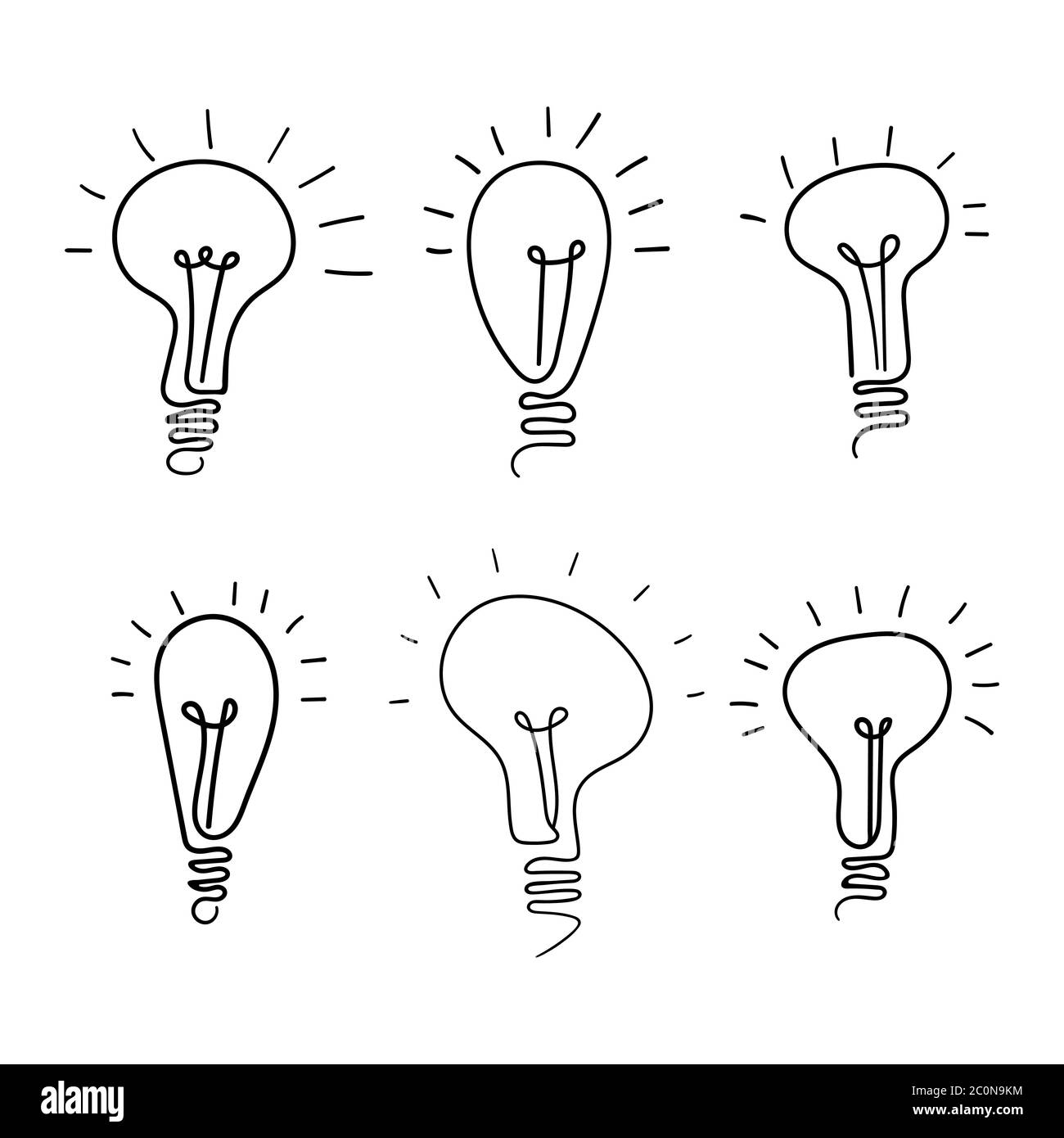Electic light bulb doodle pictograms collection. Set of idea symbols ...