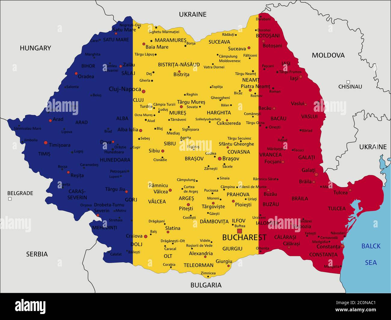 Romania highly detailed political map with national flag isolated on ...