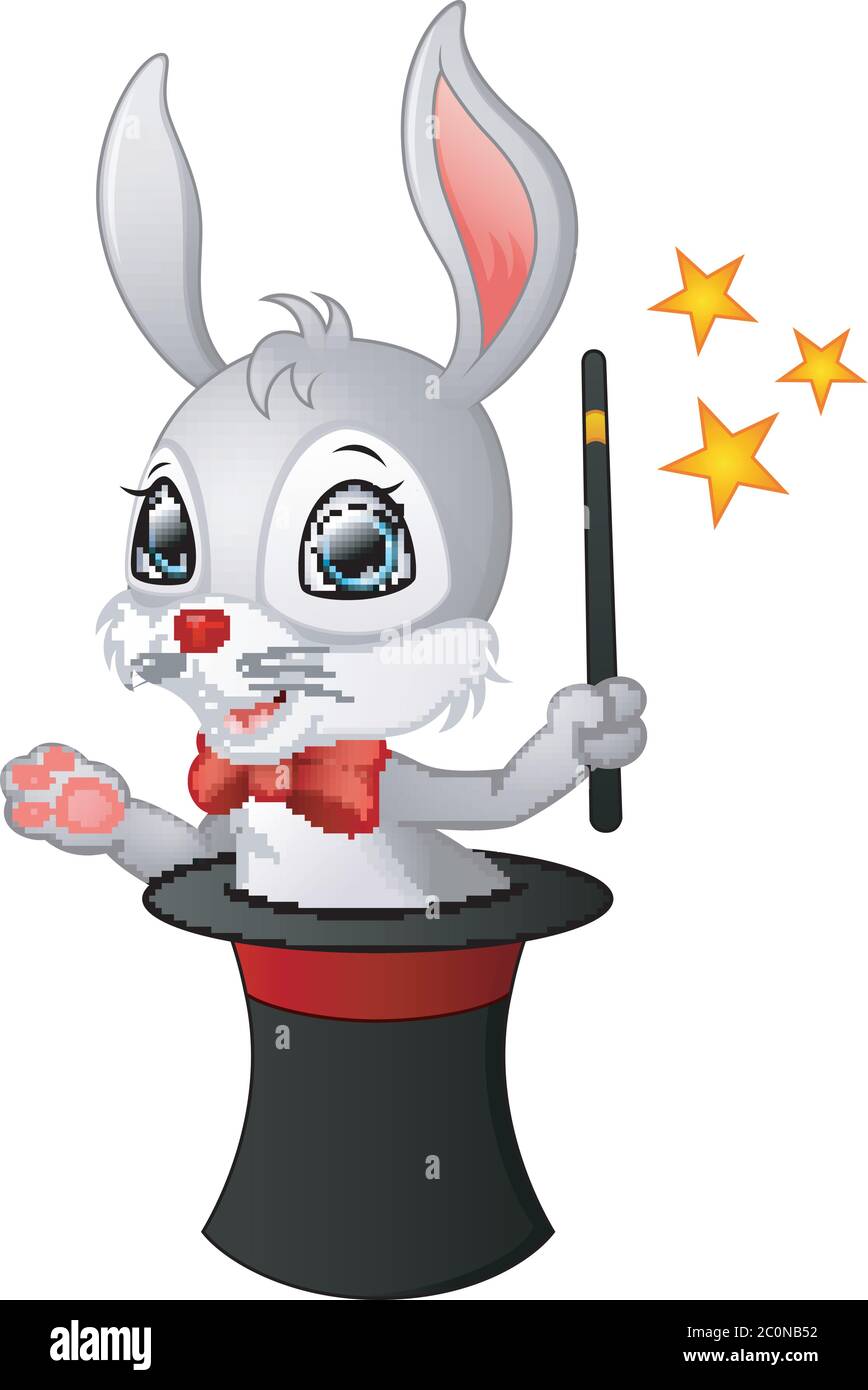 Vector illustration of Cute cartoon Rabbit in a magic hat with a magic ...