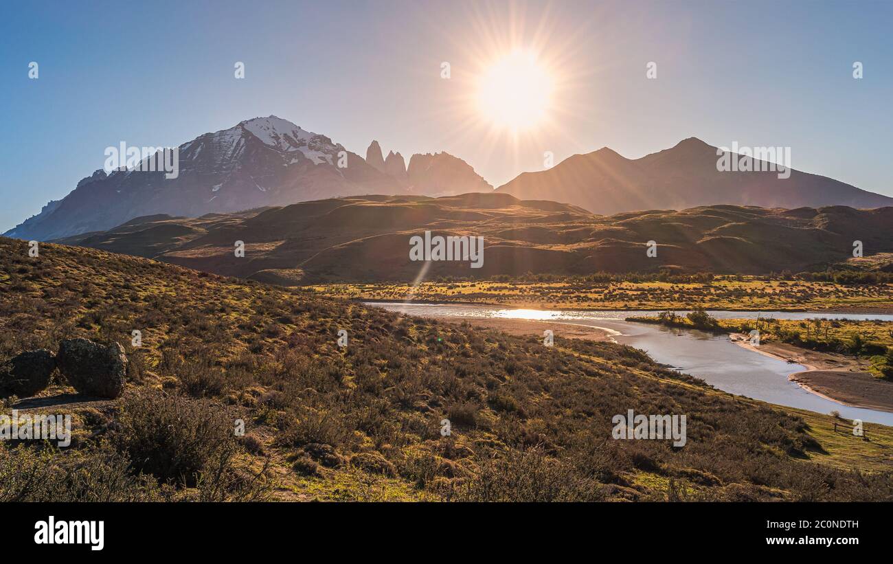 Panoramic view over beautiful Torres del Paine National Park, its major ...