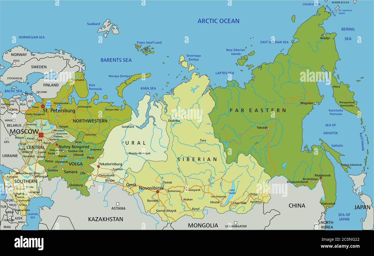 Highly detailed editable political map with separated layers. Russia ...