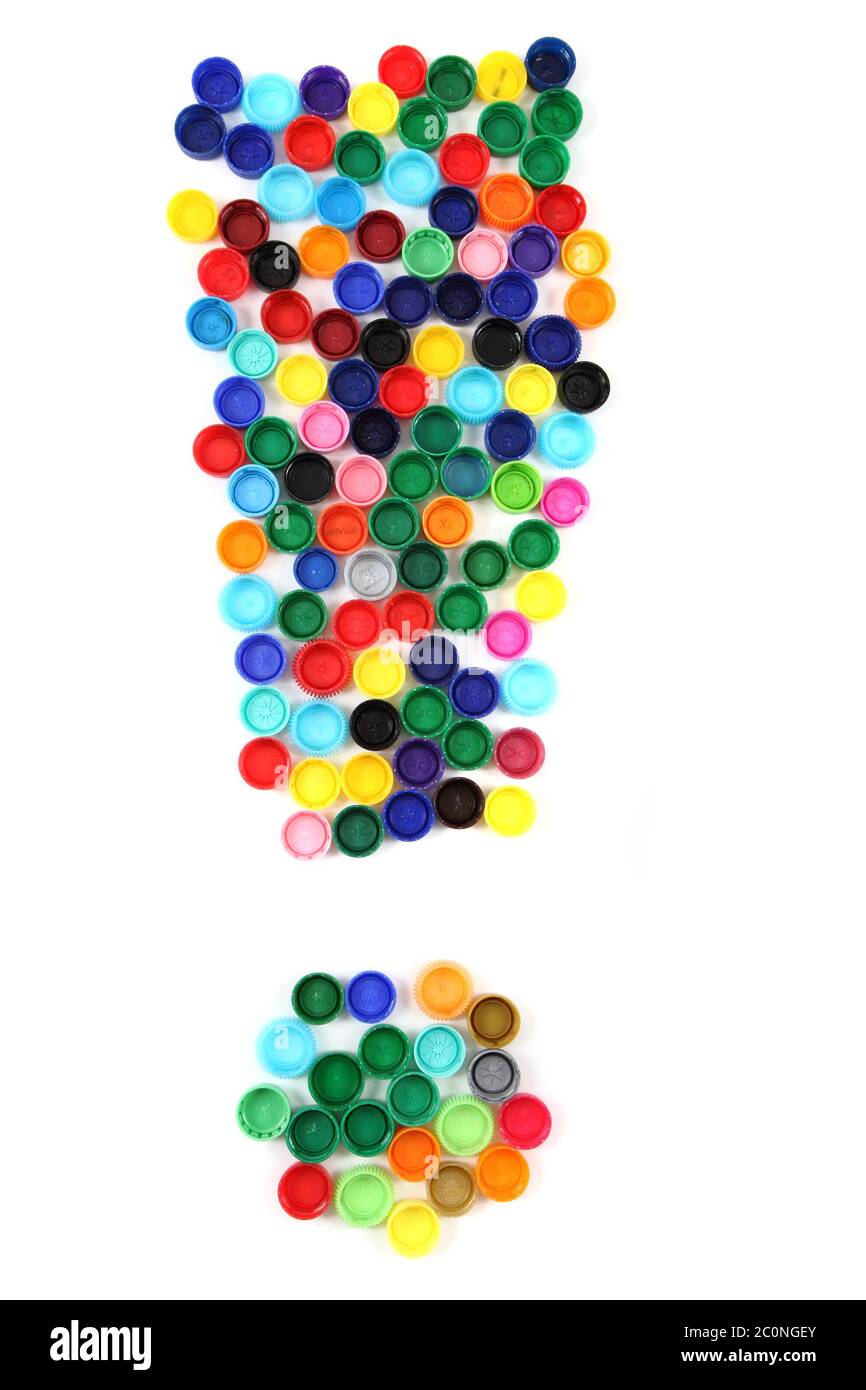 exclamation sign from the plastic caps isolated on the white background ...