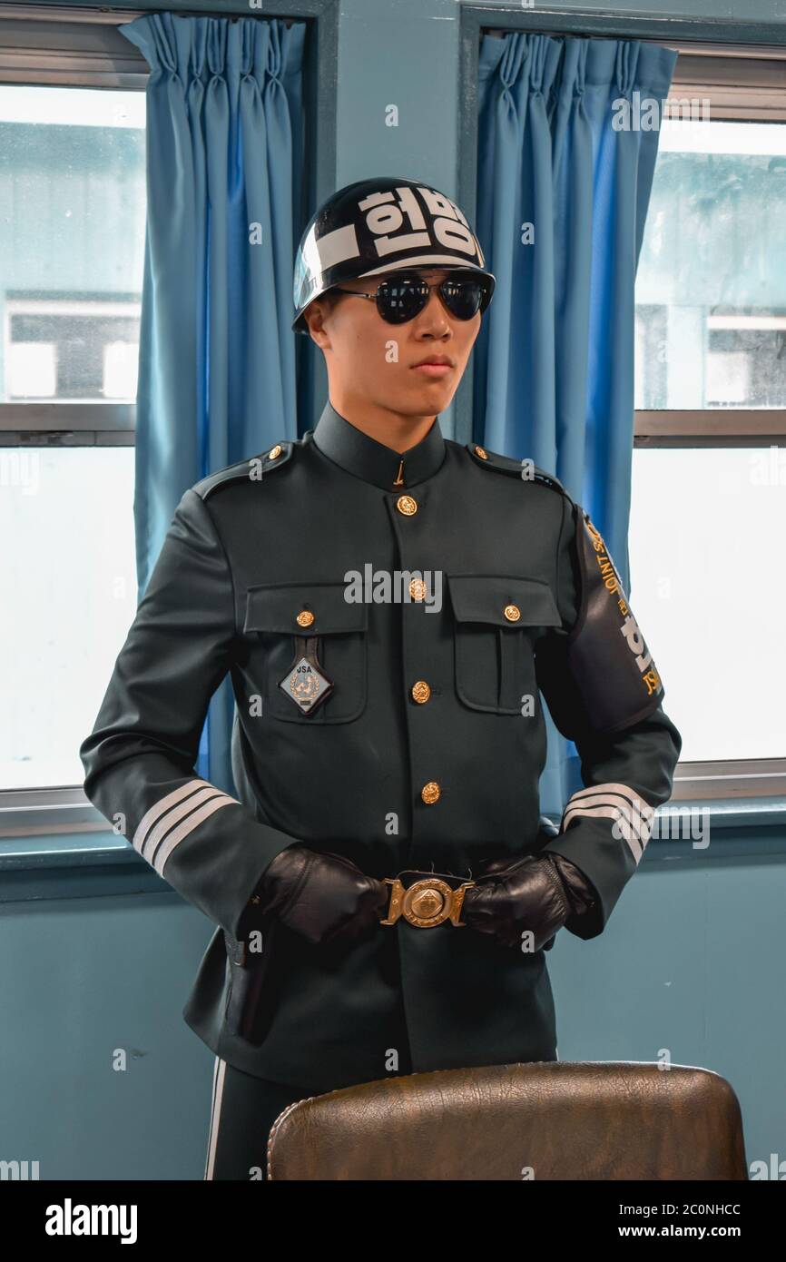 Korean elite solider guarding the Panmunjeom building at the South ...