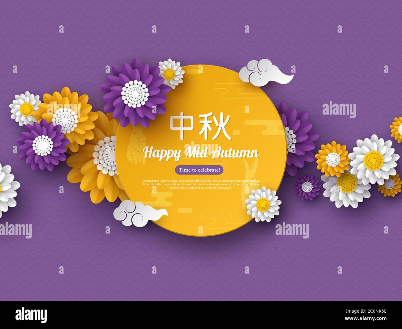 Chinese mid autumn festival design. Paper cut style flowers with clouds ...