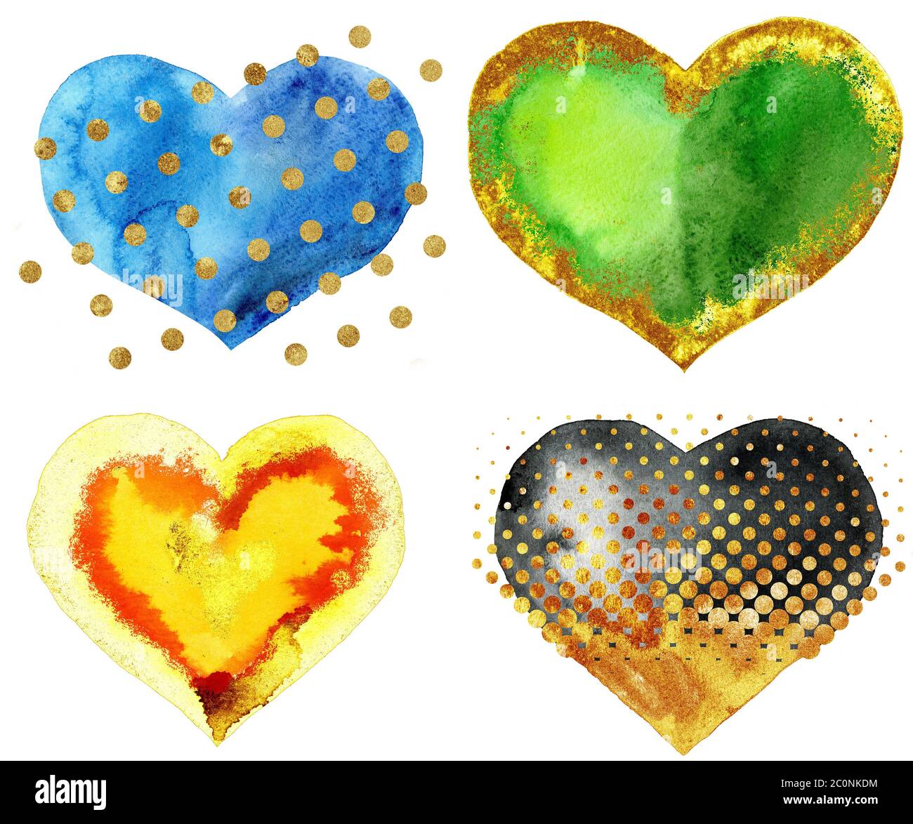Set of watercolor hearts with light and shade, painted by hand Stock ...