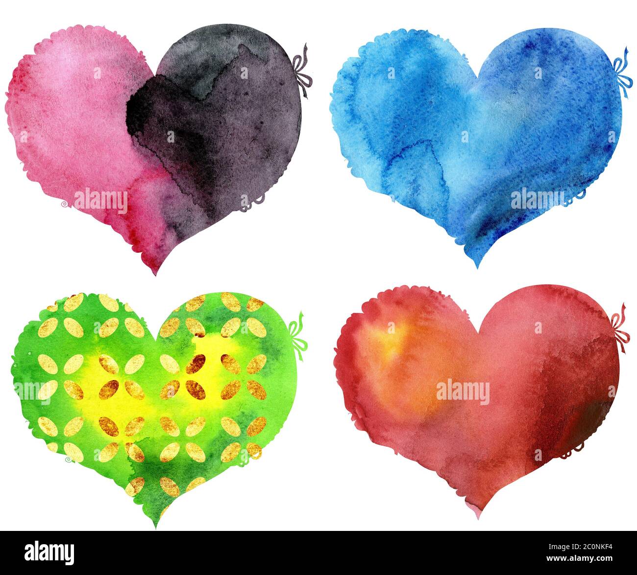Set of watercolor hearts with light and shade, painted by hand Stock ...