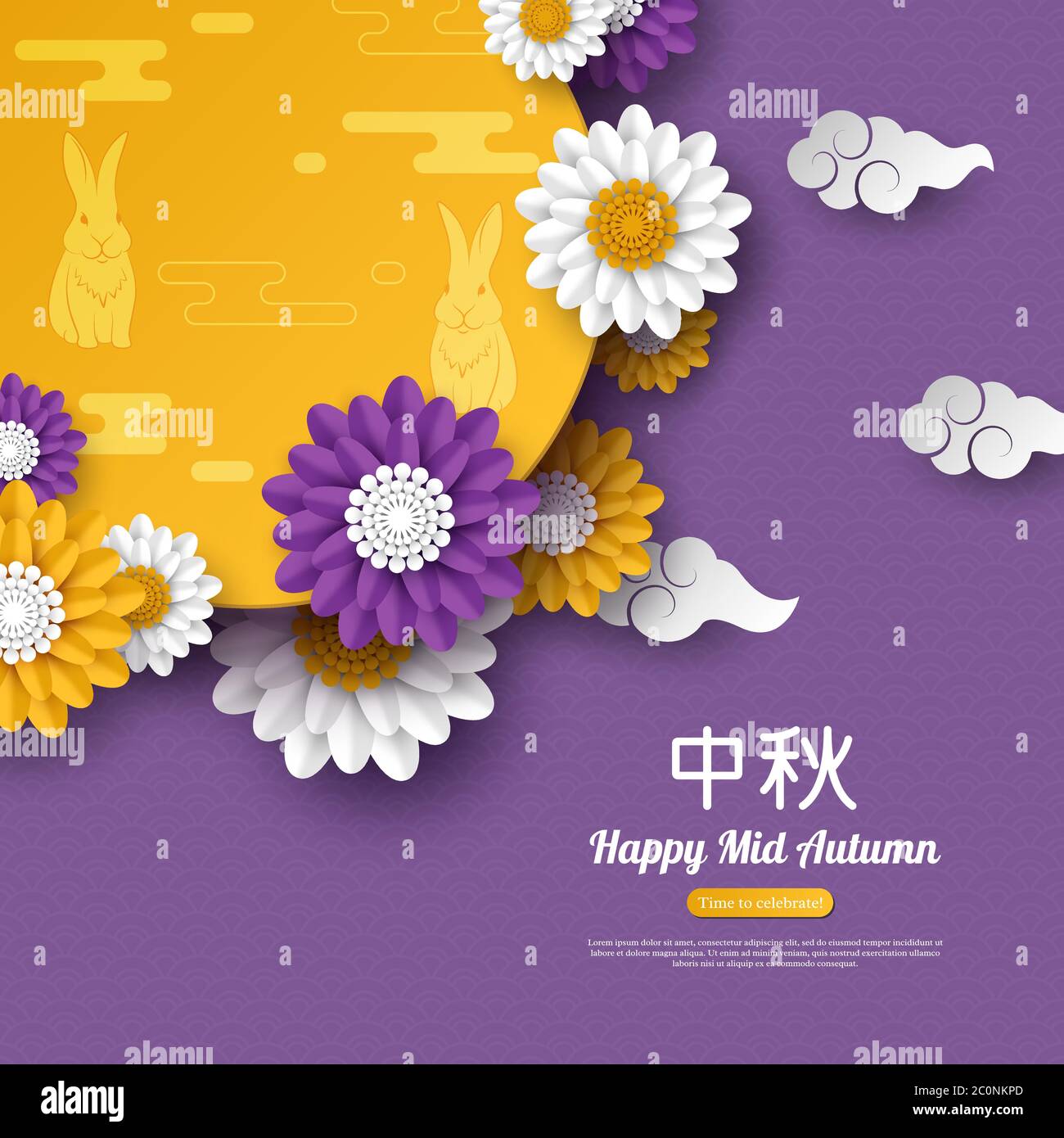 Chinese mid autumn festival design. Paper cut style flowers with clouds ...