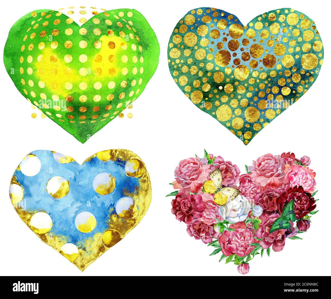 Set of watercolor hearts with light and shade, painted by hand Stock ...