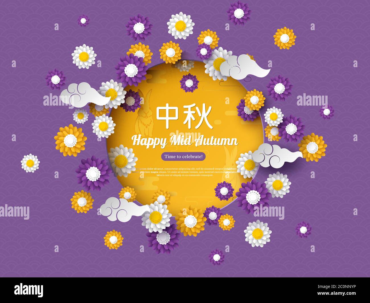 Chinese mid autumn festival design. Paper cut style flowers with clouds ...