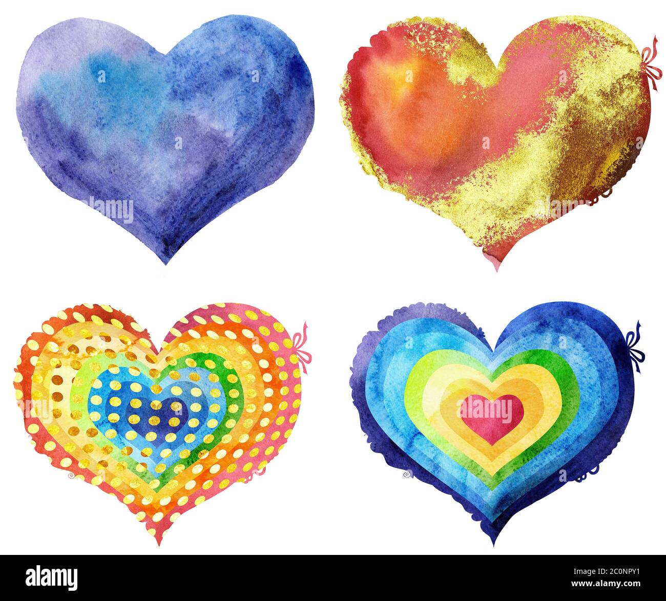Set of watercolor hearts with light and shade, painted by hand Stock ...