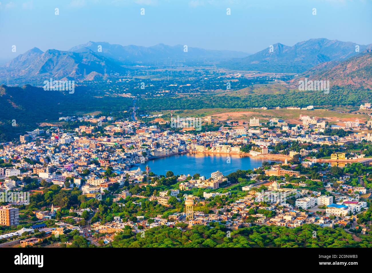 Pushkar town and lake aerial panoramic view in Rajasthan state of India ...