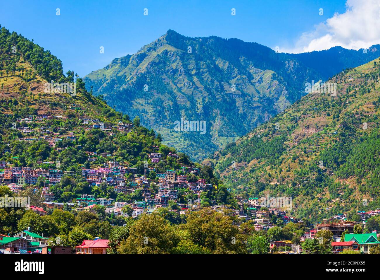 Kullu town aerial panoramic landscape, Kullu valley in Himachal Pradesh ...