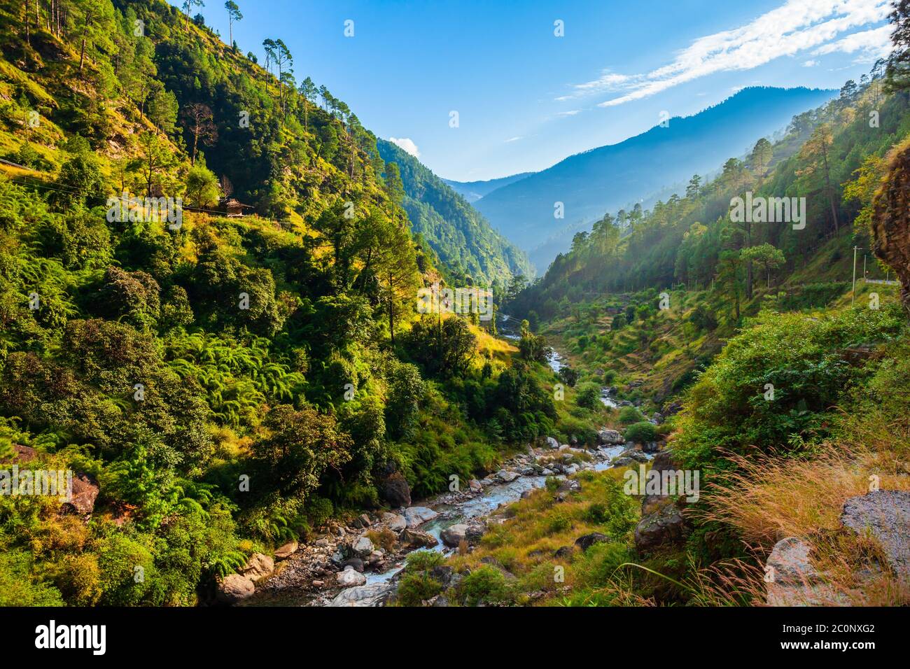 Scenic landscape panoramic view of the forested Himalaya mountains ...