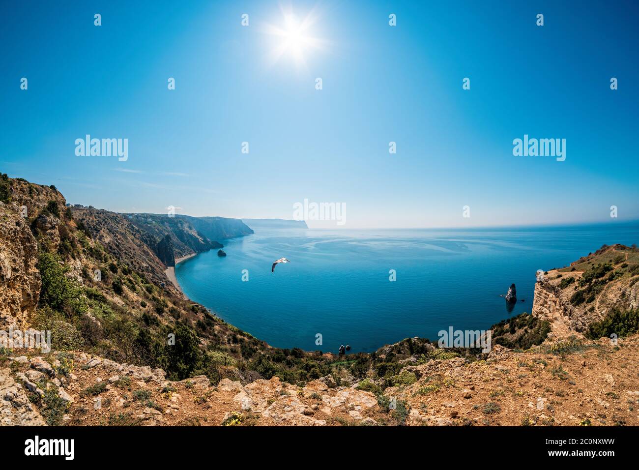Panoramic seascape, calm azure sea and bright sun. Copy space. The ...