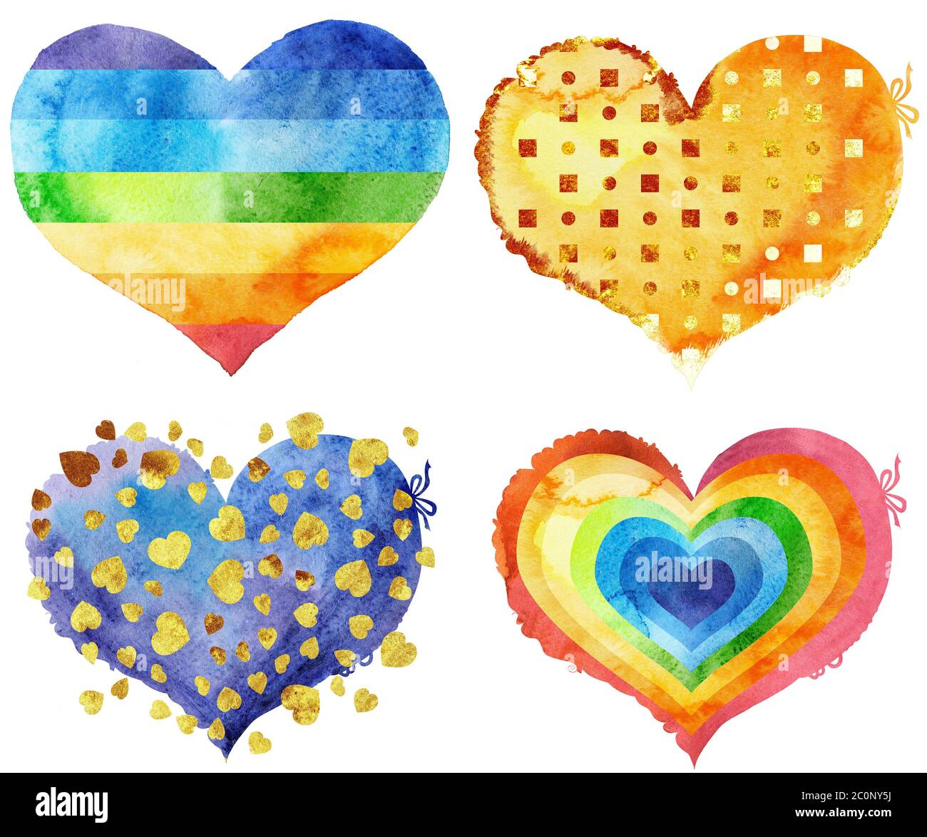 Set of watercolor hearts with light and shade, painted by hand Stock ...