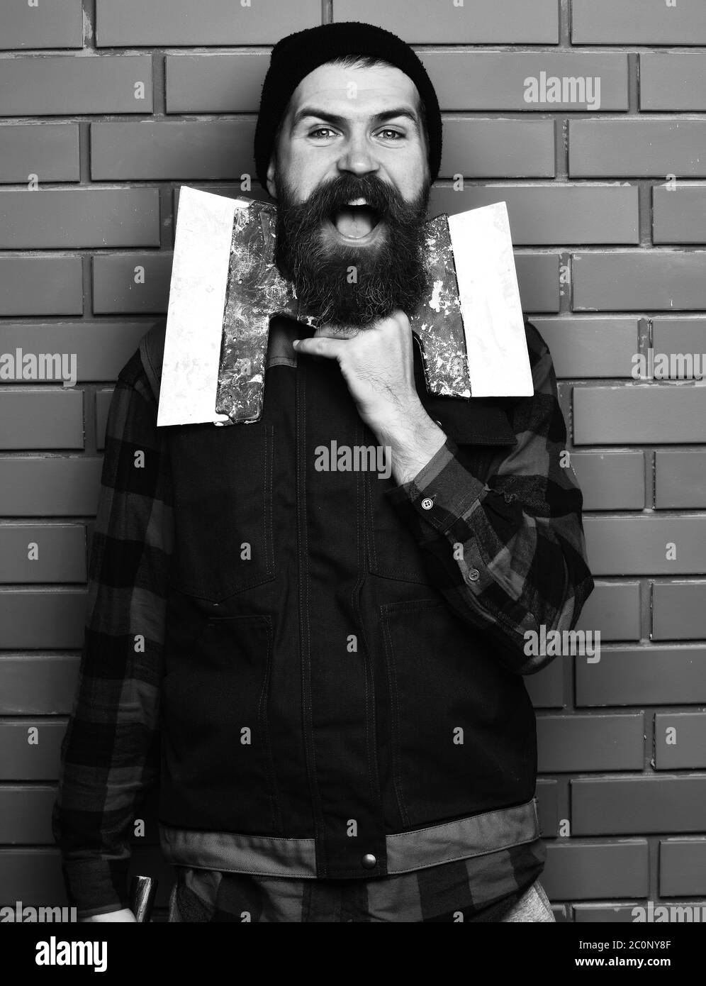 bearded worker man, long beard, brutal caucasian hipster with moustache ...